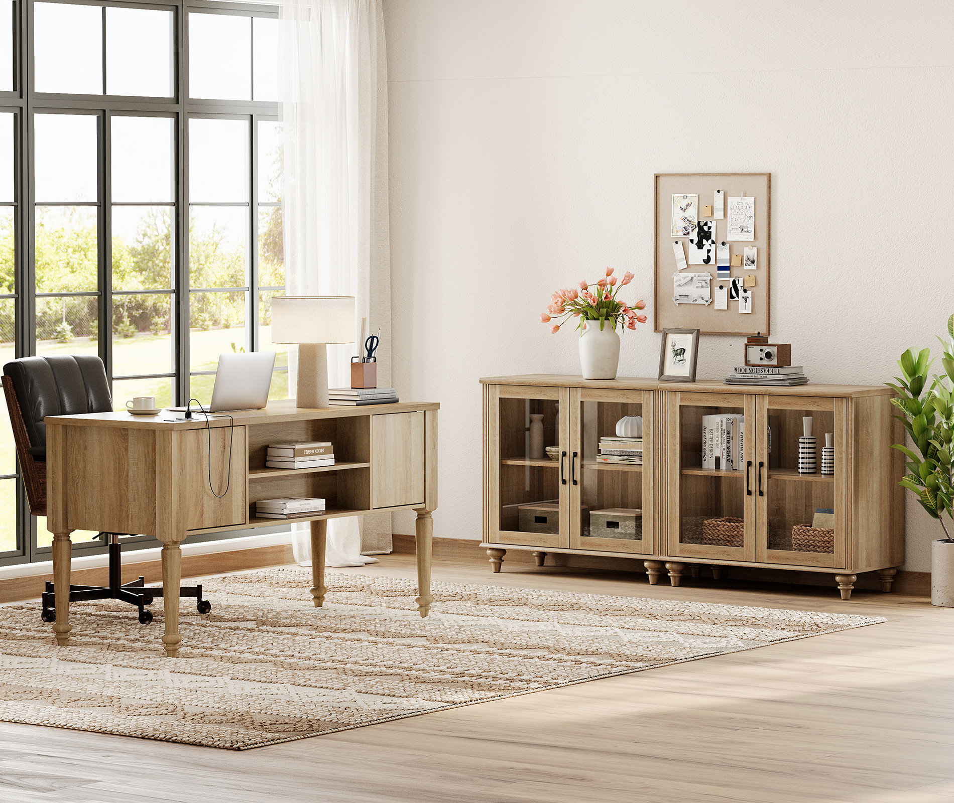 Winston Porter 2 Piece Office Set, 56" Executive Desk & Set Of 2 Cabinets With Glass Door, Oak ...